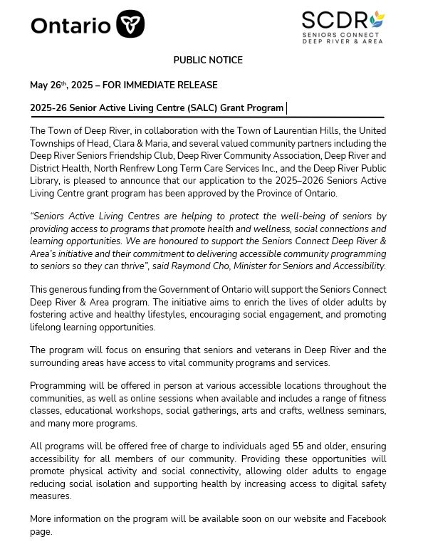 Media Release: 2025-26 Senior Active Living Centre (SALC) Grant Program - May 26, 2025 - The ...